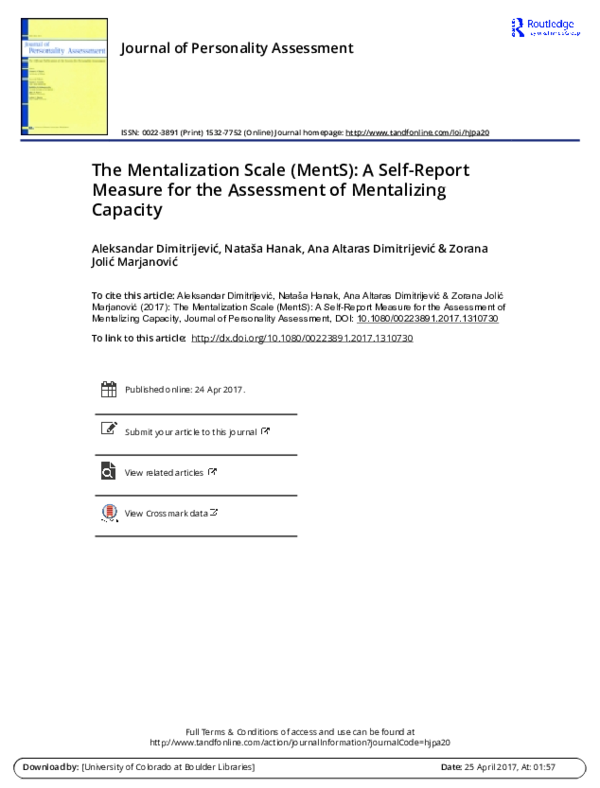 (PDF) The Mentalization Scale (MentS): A Self-Report Measure for the ...