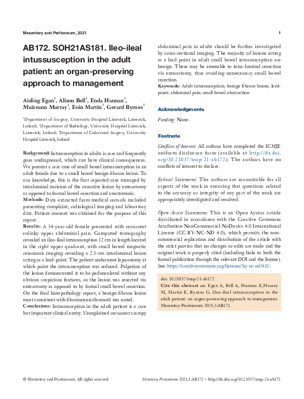 (PDF) AB172. SOH21AS181. Ileo-ileal intussusception in the adult ...