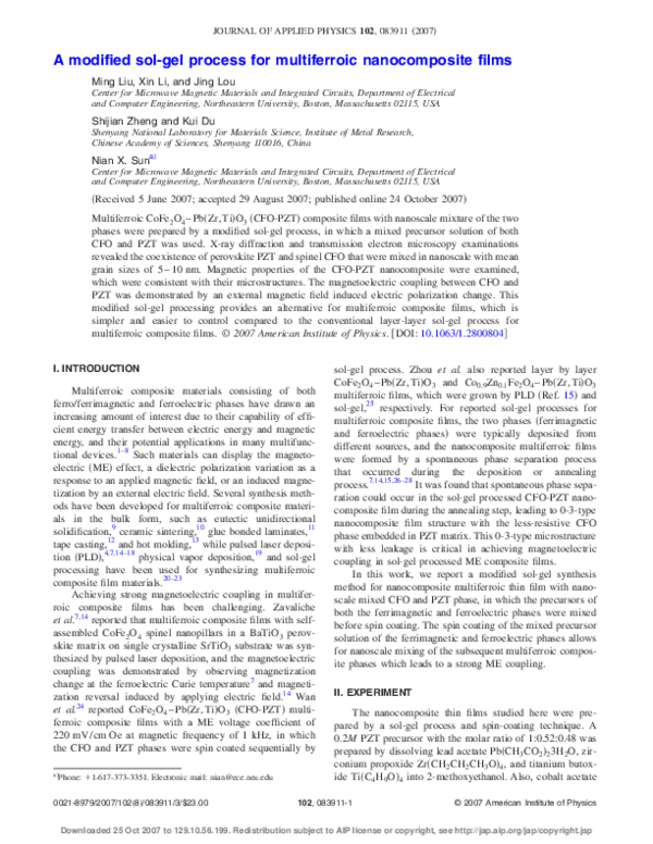 (PDF) A modified sol-gel process for multiferroic nanocomposite films | Nian Sun - Academia.edu