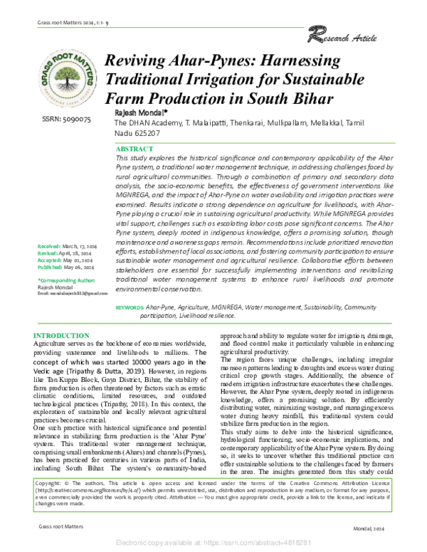(PDF) Reviving Ahar-Pynes: Harnessing Traditional Irrigation for ...