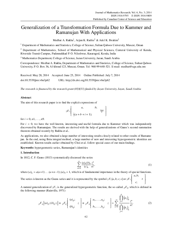 (PDF) Generalization of a Transformation Formula Due to Kummer and Ramanujan With Applications