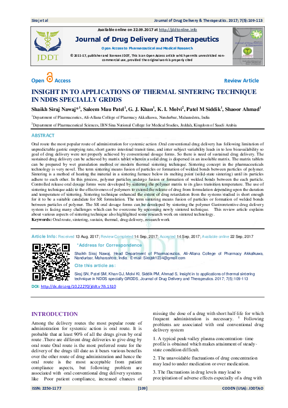 (PDF) Insight in to Applications of Thermal Sintering Technique in NDDS ...
