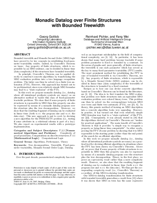 (PDF) Monadic datalog over finite structures with bounded treewidth