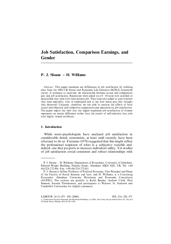 (PDF) Job Satisfaction, Comparison Earnings, and Gender