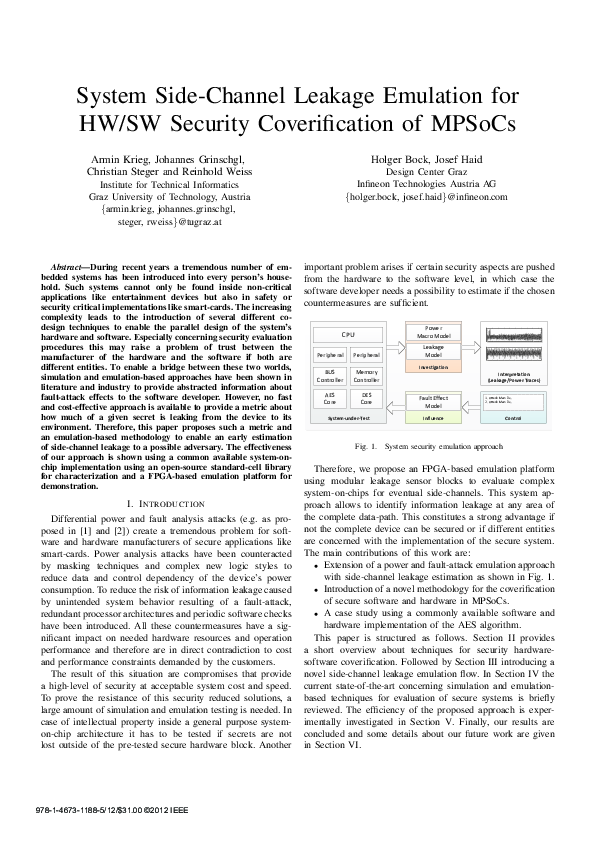 (PDF) System side-channel leakage emulation for HW/SW security coverification of MPSoCs | Holger ...
