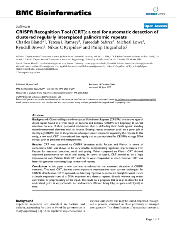 (PDF) CRISPR Recognition Tool (CRT): a tool for automatic detection of ...