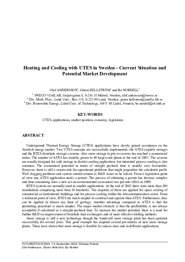 (PDF) Heating and Cooling with UTES in Sweden-Current Situation and ...