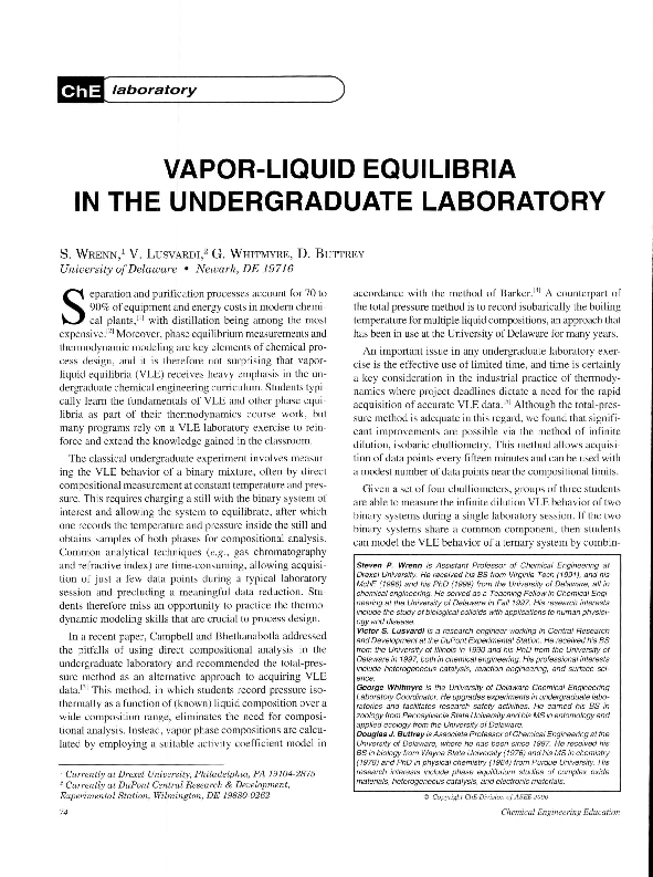 (PDF) Vapor-Liquid Equilibria in the Undergraduate Laboratory