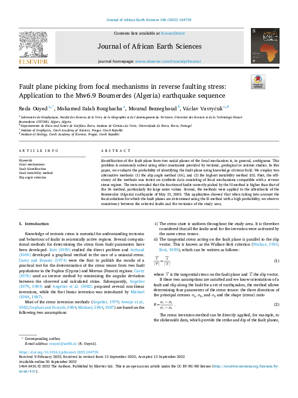 (PDF) Fault Plane Selection Using Stress Fields: Boumerdes Earthquake