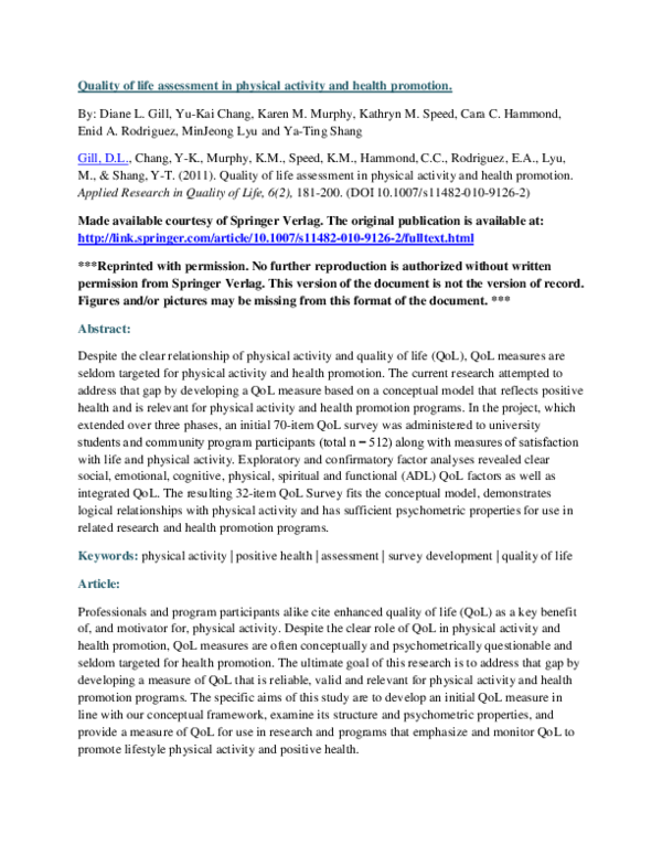 (PDF) Quality of Life Assessment for Physical Activity and Health Promotion