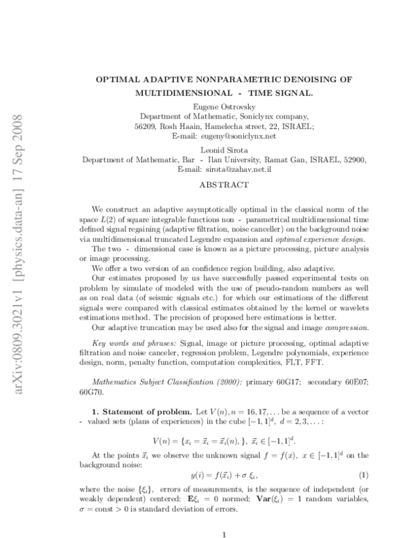 (PDF) Optimal Adaptive Nonparametric Denoising of Multidimensional ... (PDF) Optimal Adaptive Nonparametric Denoising of Multidimensional ...
