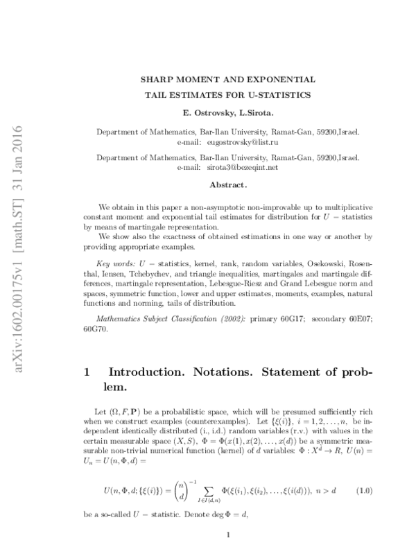 (PDF) Sharp moment and exponential tail estimates for U-statistics