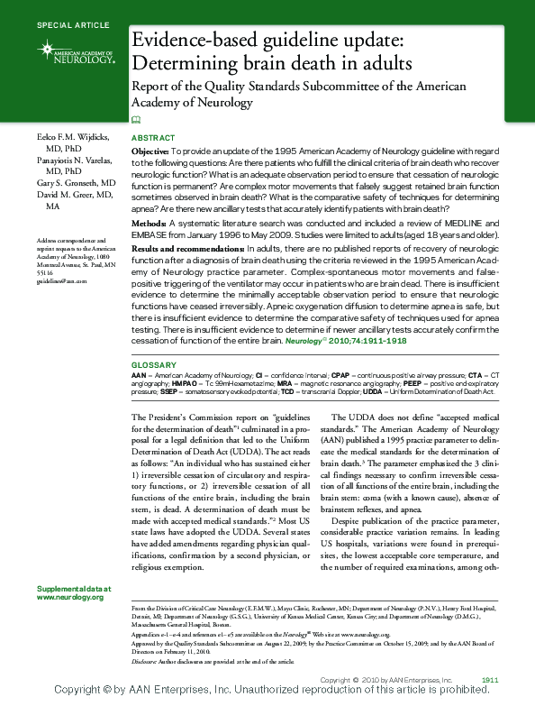 (PDF) Evidence-based guideline update: Determining brain death in adults
