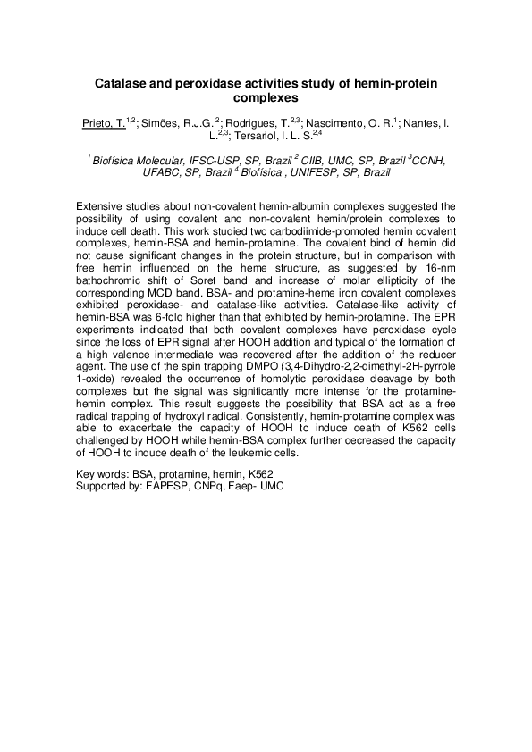 (PDF) Catalase and peroxidase activities study of hemin-protein complexes