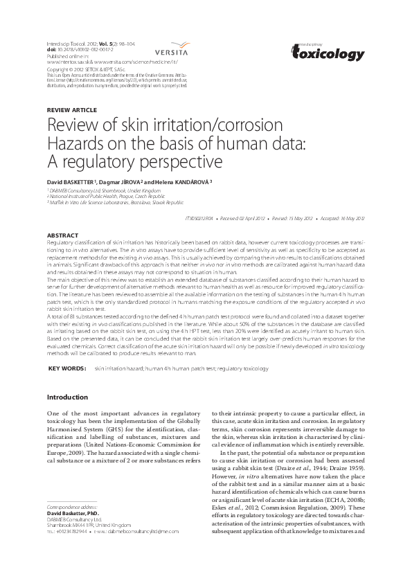 (PDF) Review of skin irritation/corrosion hazards on the basis of human data: a regulatory ...