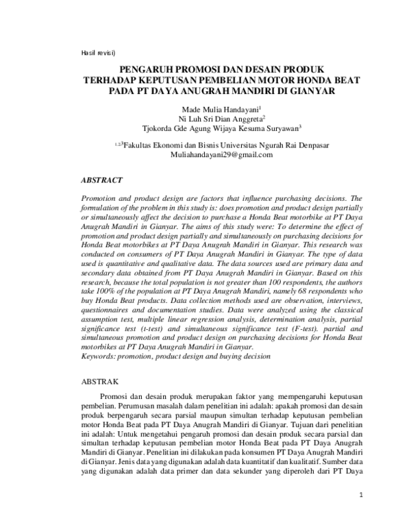 (PDF) PENGARUH PROMOSI DAN DESAIN PRODUK TERHADAP KEPUTUSAN PEMBELIAN MOTOR HONDA BEAT PADA PT ...