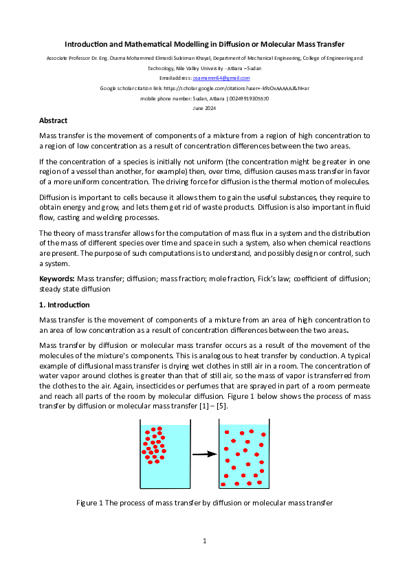 (PDF) Introduction and Mathematical Modelling in Diffusion or Molecular ...