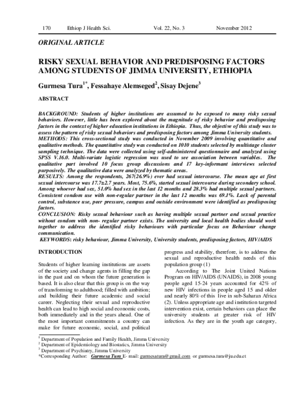(PDF) Risky Sexual Behavior and Predisposing Factors among Students of Jimma University, Ethiopia