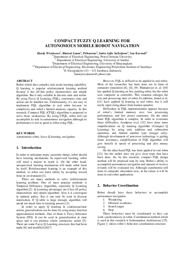(PDF) Compact Fuzzy Q Learning for Autonomous Mobile Robot Navigation