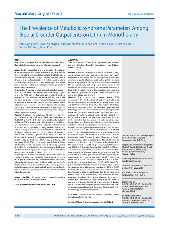 (PDF) The Prevalence of Metabolic Syndrome Parameters Among Bipolar Disorder Outpatients on ...