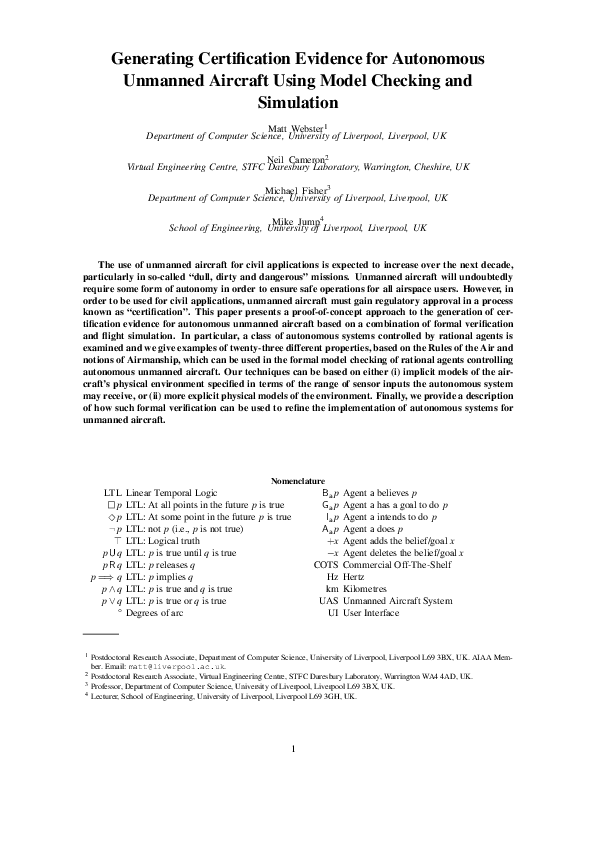 (PDF) Generating Certification Evidence for Autonomous Unmanned Aircraft Using Model Checking ...