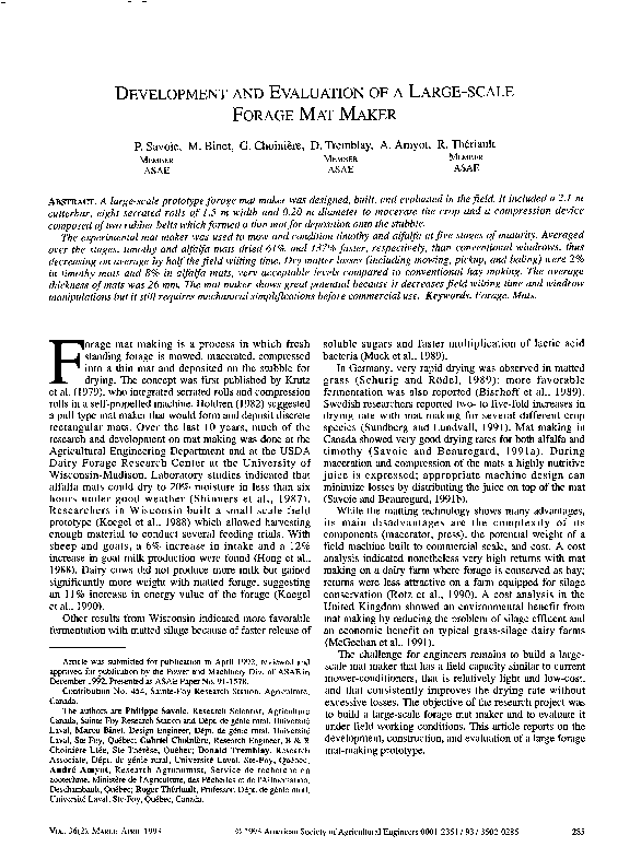 (PDF) Development and Evaluation of a Large-scale Forage Mat Maker