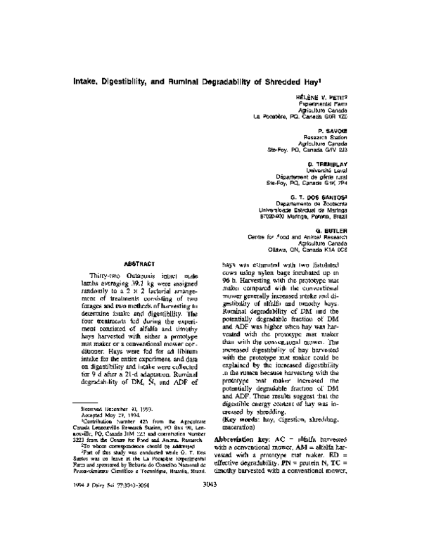 (PDF) Intake, Digestibility, and Ruminal Degradability of Shredded Hay