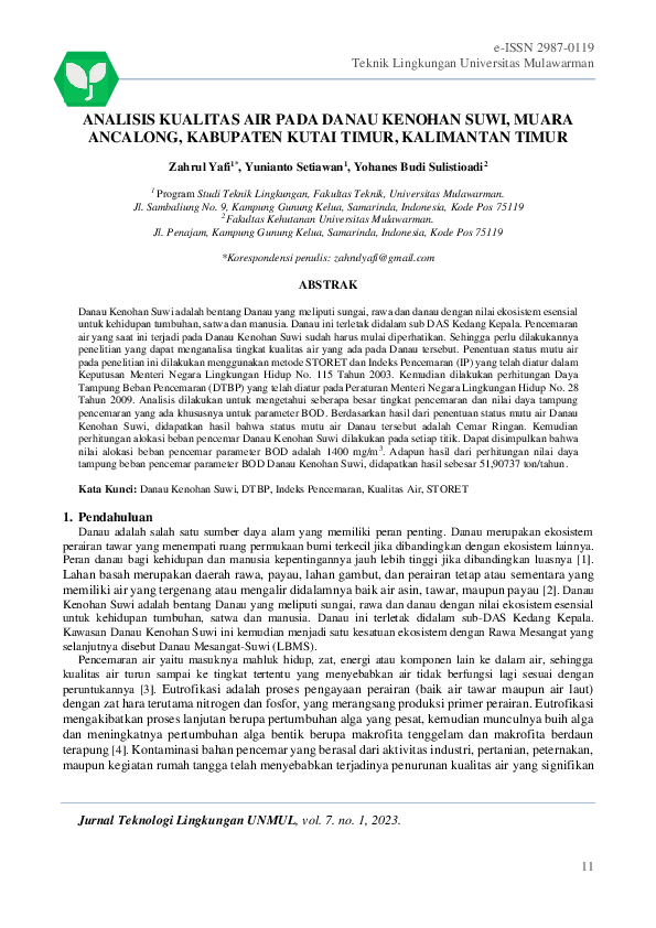 (PDF) Analisis Kualitas Air Pada Danau Kenohan Suwi, Muara Ancalong ...