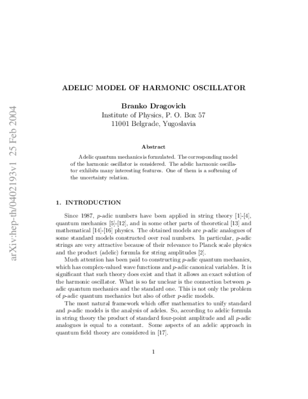 (PDF) Adelic Model of Harmonic Oscillator