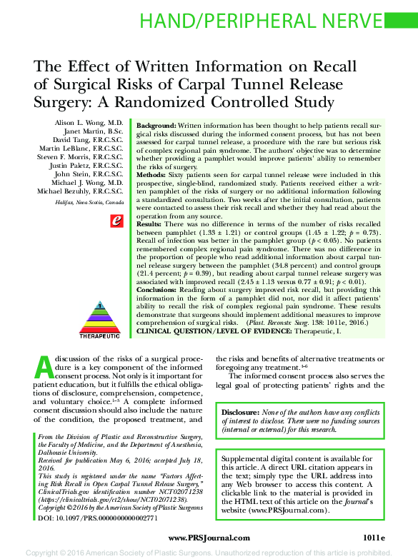 (PDF) The Effect of Written Information on Recall of Surgical Risks of ...