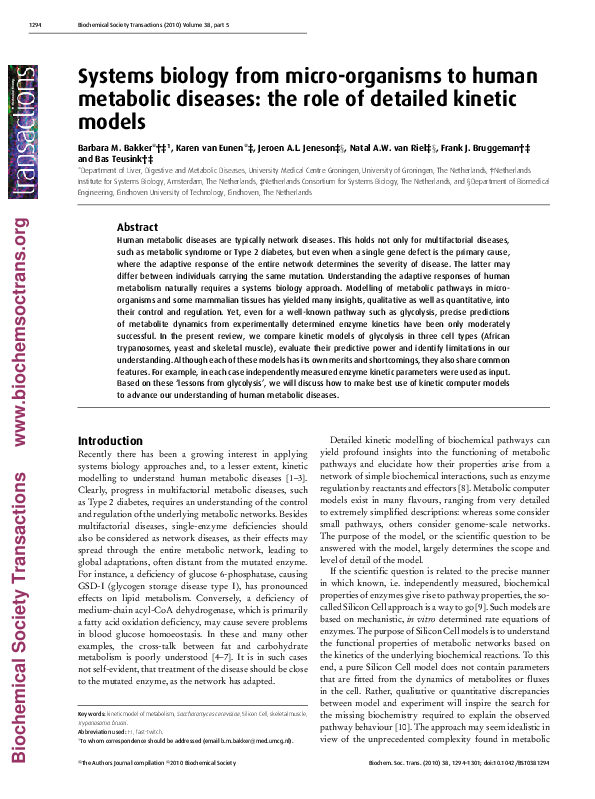 (PDF) Systems biology from micro-organisms to human metabolic diseases ...
