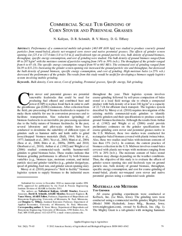 (PDF) Commercial Scale Tub Grinding of Corn Stover and Perennial Grasses