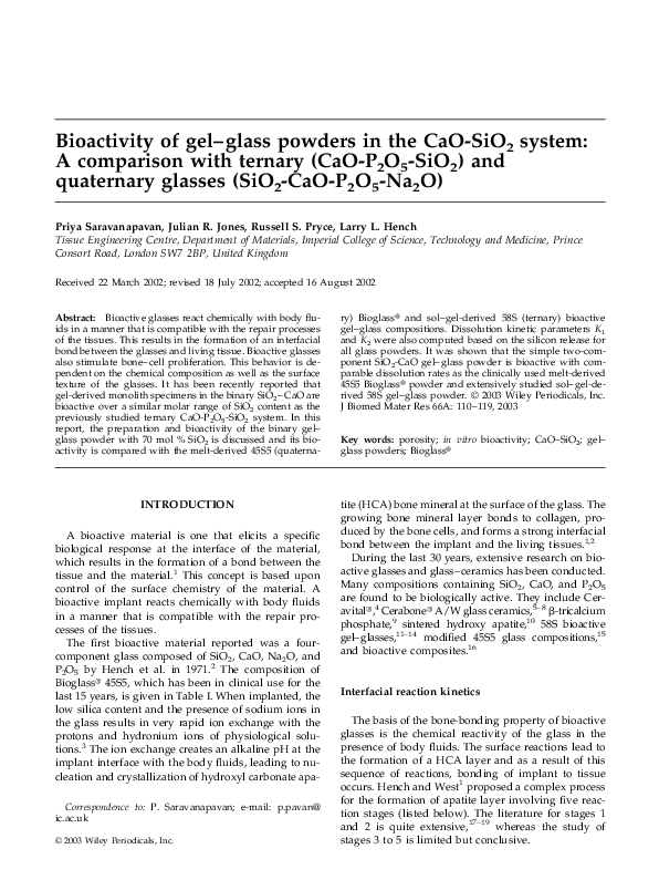(PDF) Bioactivity of gel-glass powders in the CaO-SiO2 system A comparison with ternary and ...