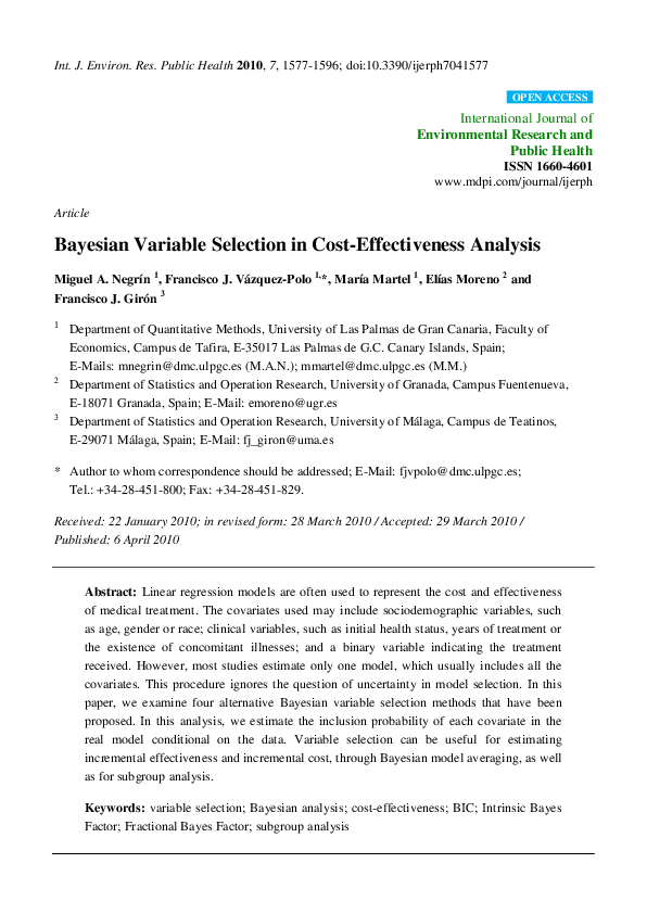 (PDF) Bayesian Variable Selection in Cost-Effectiveness Analysis