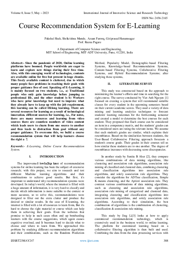 (PDF) Course Recommendation System for E-Learning