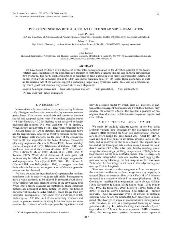 (PDF) Persistent North‐South Alignment of the Solar Supergranulation