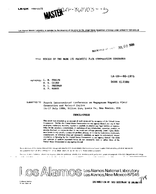 (PDF) Design of the Mark 101 magnetic flux compression generator