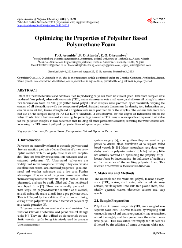 (PDF) Optimizing the Properties of Polyether Based Polyurethane Foam