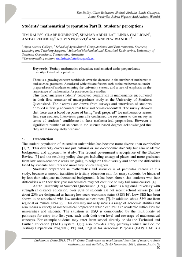(PDF) Students' mathematical preparation Part B: students' perceptions