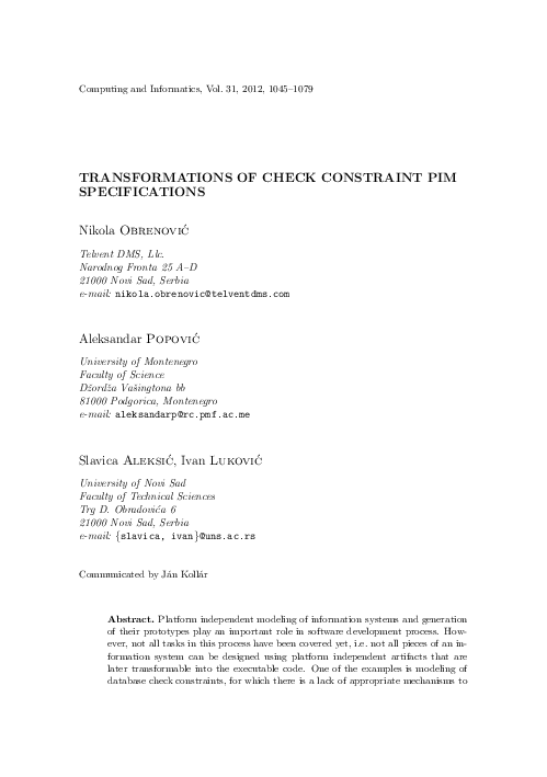 (PDF) Transformations of Check Constraint PIM Specifications