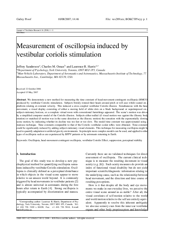 (PDF) Measurement of oscillopsia induced by vestibular Coriolis stimulation