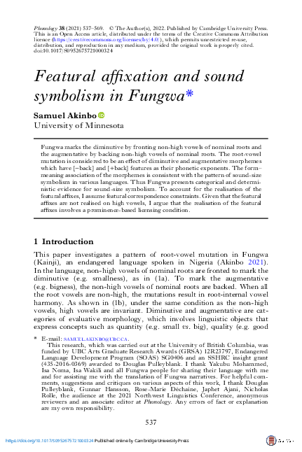 (PDF) Featural affixation and sound symbolism in Fungwa