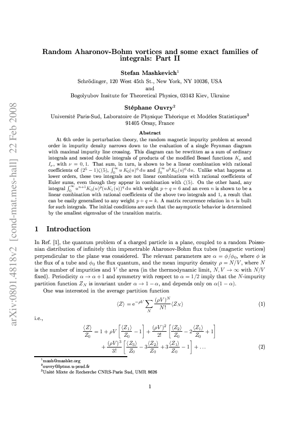 (PDF) Random Aharonov-Bohm vortices and some exact families of integrals: Part II
