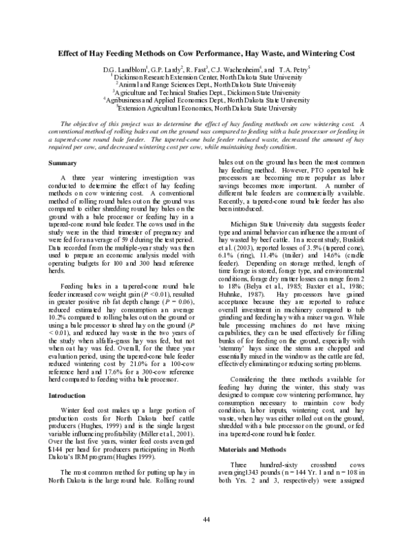(PDF) Effect of Hay Feeding Methods on Cow Performance, Hay Waste, and ...