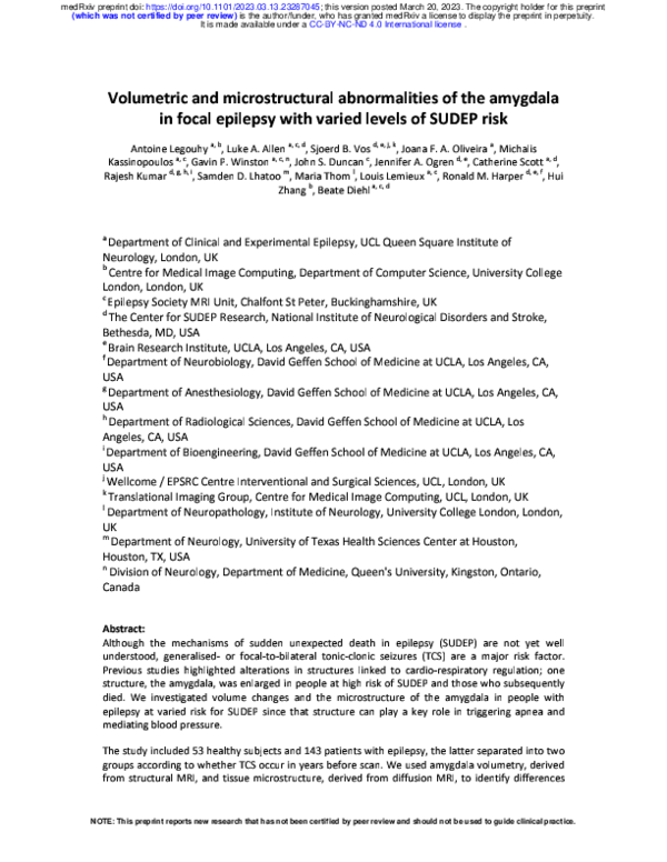 (PDF) Amygdala Abnormalities in Epilepsy and SUDEP Risk