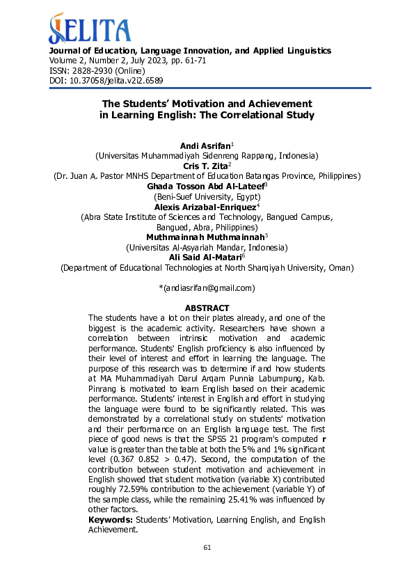 (PDF) The Students' Motivation and Achievement in Learning English: The Correlational Study