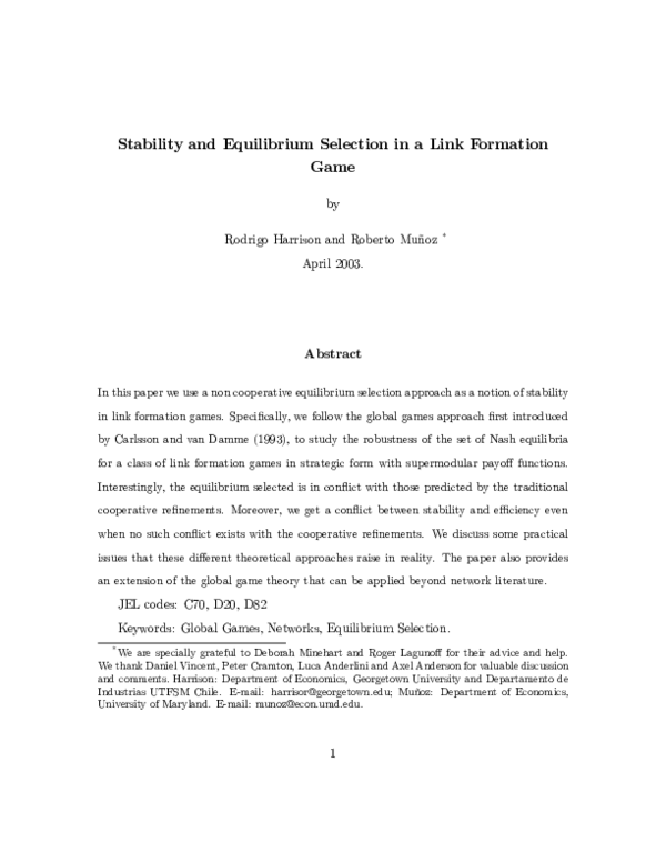 (PDF) Stability and equilibrium selection in a link formation game | Roberto Muñoz - Academia.edu