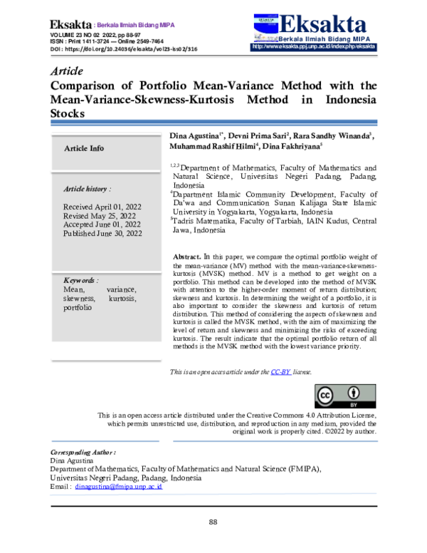 Pdf Comparison Of Portfolio Mean Variance Method With The Mean Variance Skewness Kurtosis