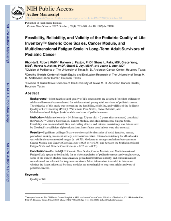 (PDF) Feasibility, reliability, and validity of the pediatric quality ...