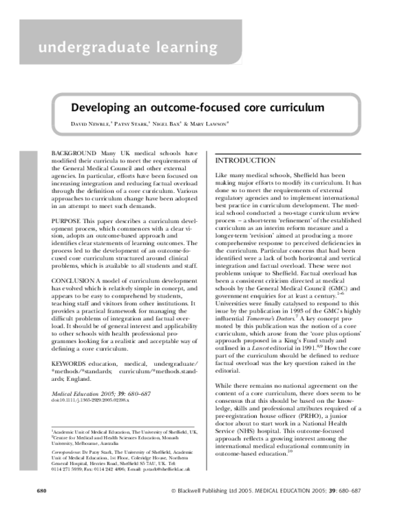 (PDF) Developing an outcome-focused core curriculum